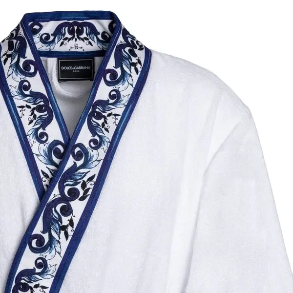 Dolce & Gabbana Cotton Terry Bathrobe With Blue Painted Effect Edging