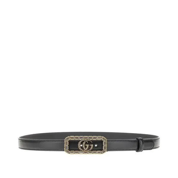 Gucci Leather Belt With Crystal Double G Buckle - Black