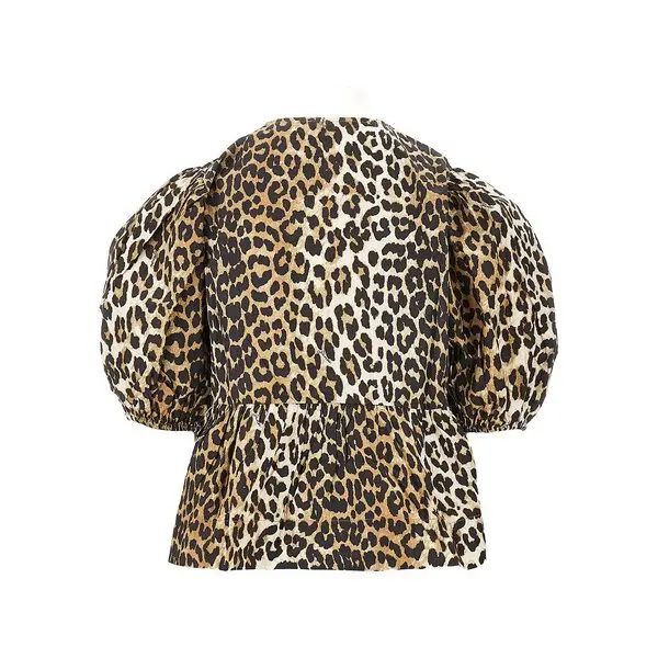 GANNI Leopard Print Puff Sleeve Blouse With Bow Detail
