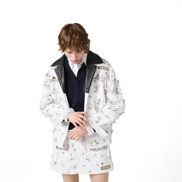 Miu Miu Embroidered Gabardine And Leather Blouson Jacket