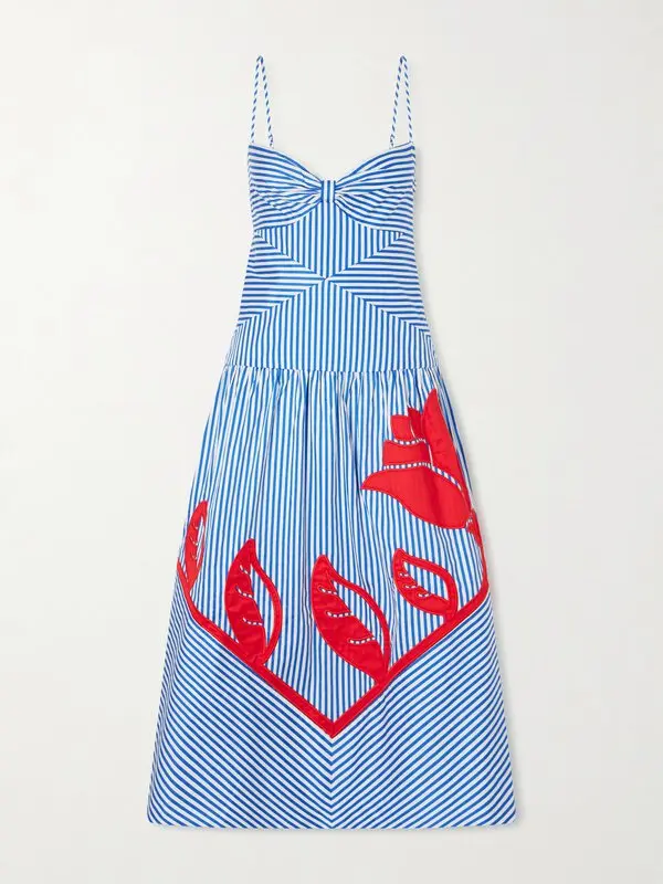 Farm Rio Sky Striped Embroidered Cotton Poplin Midi Dress - Blue