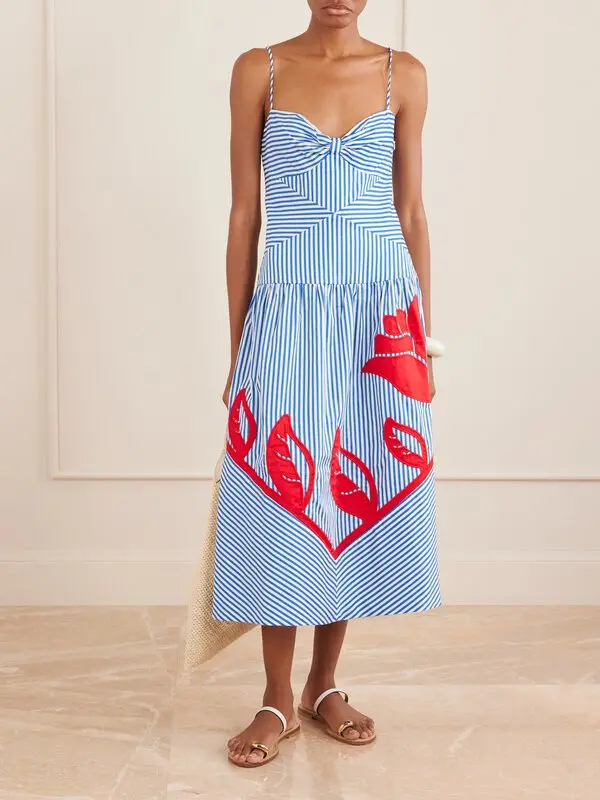 Farm Rio Sky Striped Embroidered Cotton Poplin Midi Dress - Blue