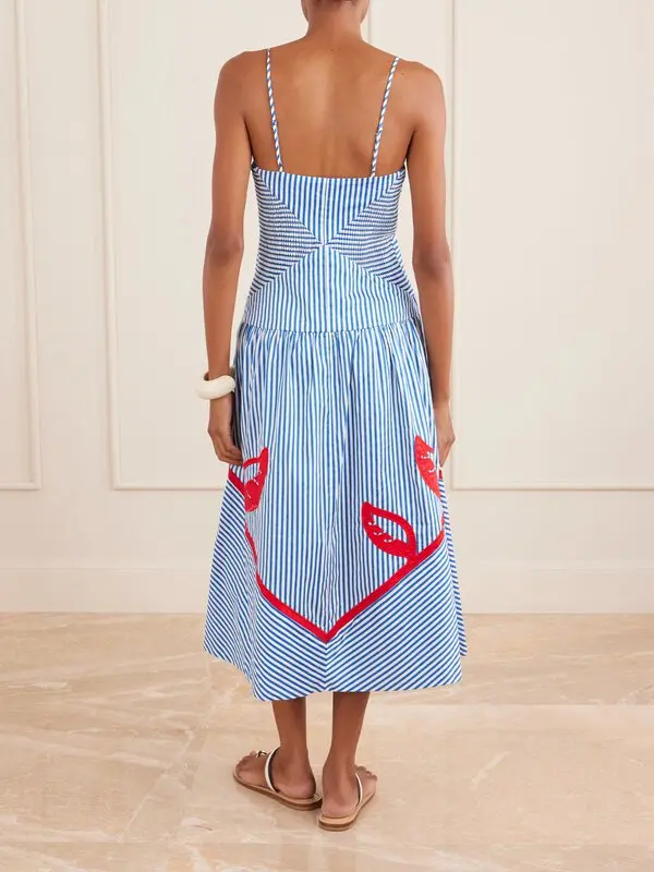 Farm Rio Sky Striped Embroidered Cotton Poplin Midi Dress - Blue