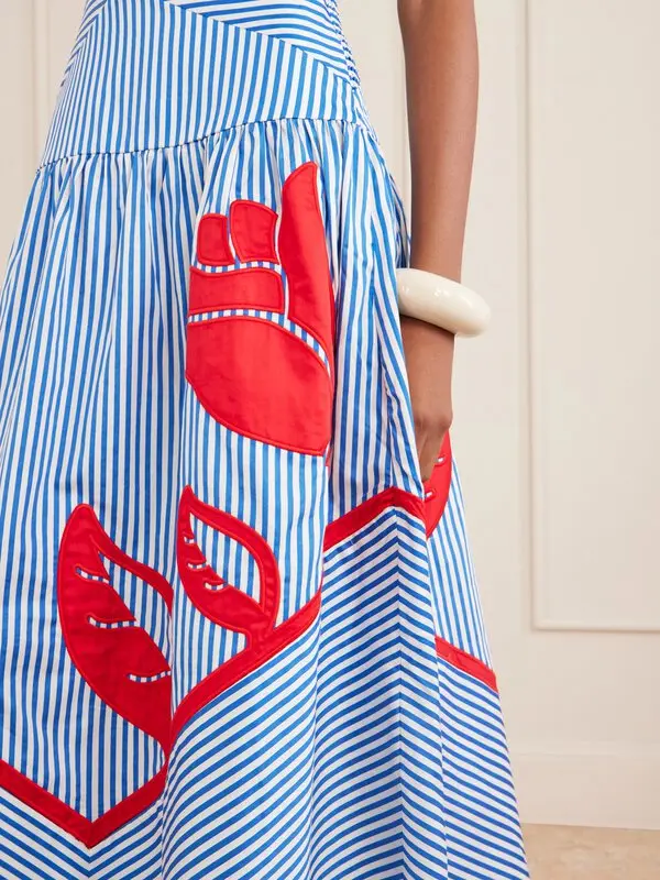 Farm Rio Sky Striped Embroidered Cotton Poplin Midi Dress - Blue