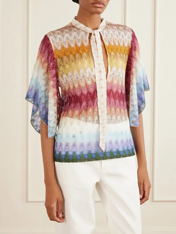 Missoni Tie-detailed Striped Crochet-knit Blouse - Blue
