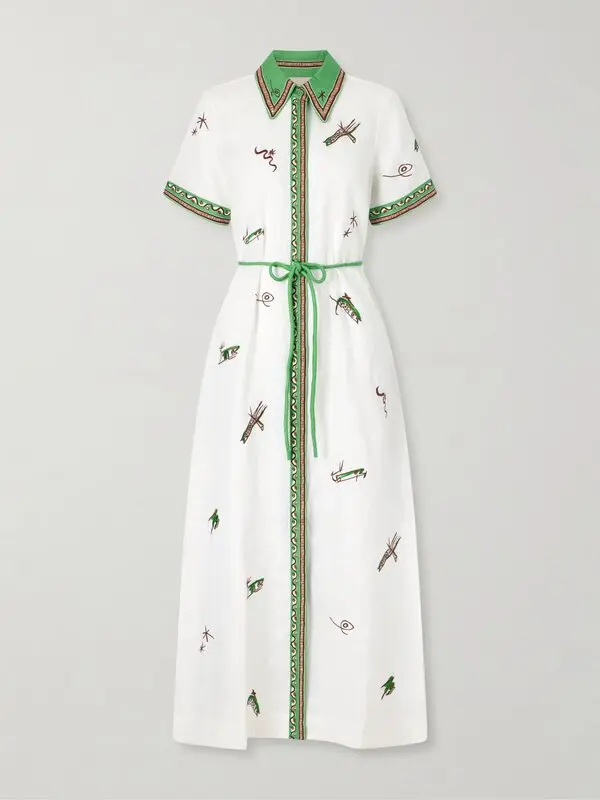 ALEMAIS Wanda Belted Embroidered Linen Midi Shirt Dress