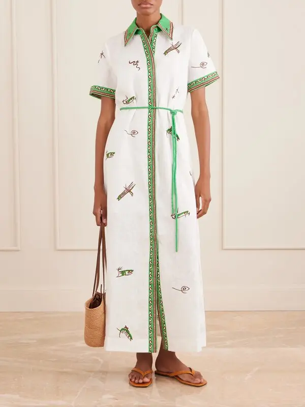 ALEMAIS Wanda Belted Embroidered Linen Midi Shirt Dress