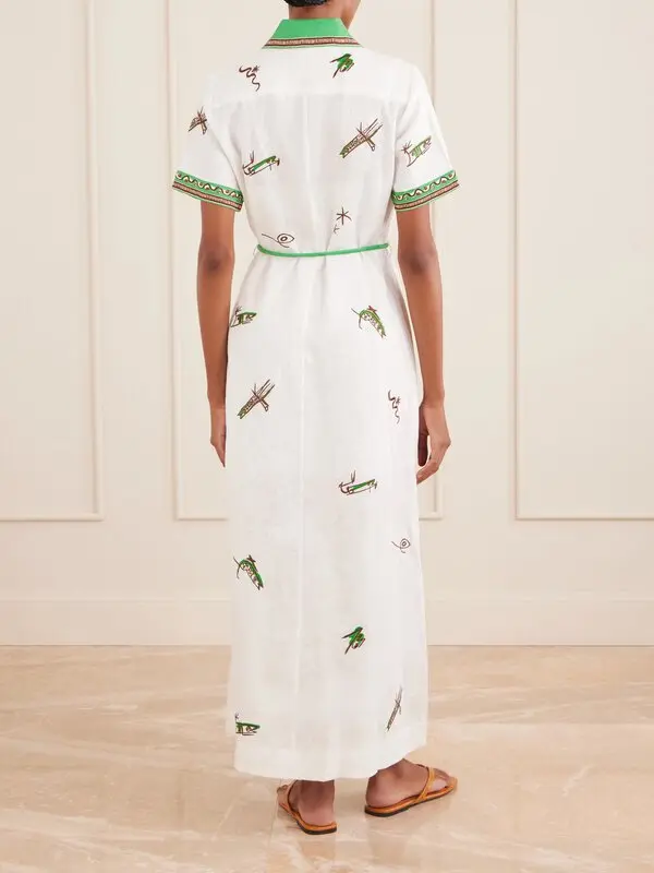 ALEMAIS Wanda Belted Embroidered Linen Midi Shirt Dress