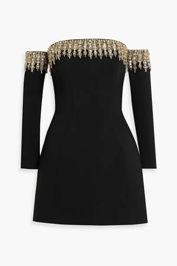 Jenny Packham Embellished Off-the-shoulder Crepe Mini Dress