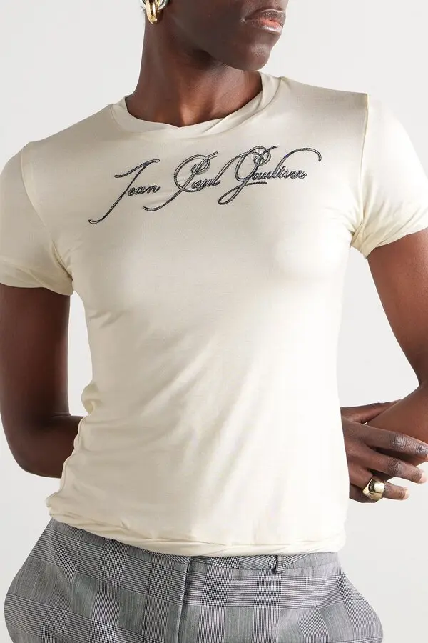 JEAN PAUL GAULTIER Embroidered Printed Lyocell-blend Jersey T-shirt