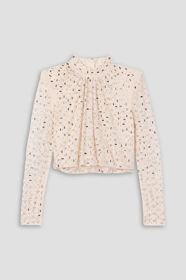 SELF-PORTRAIT Cropped Embellished Mesh Turtleneck Top