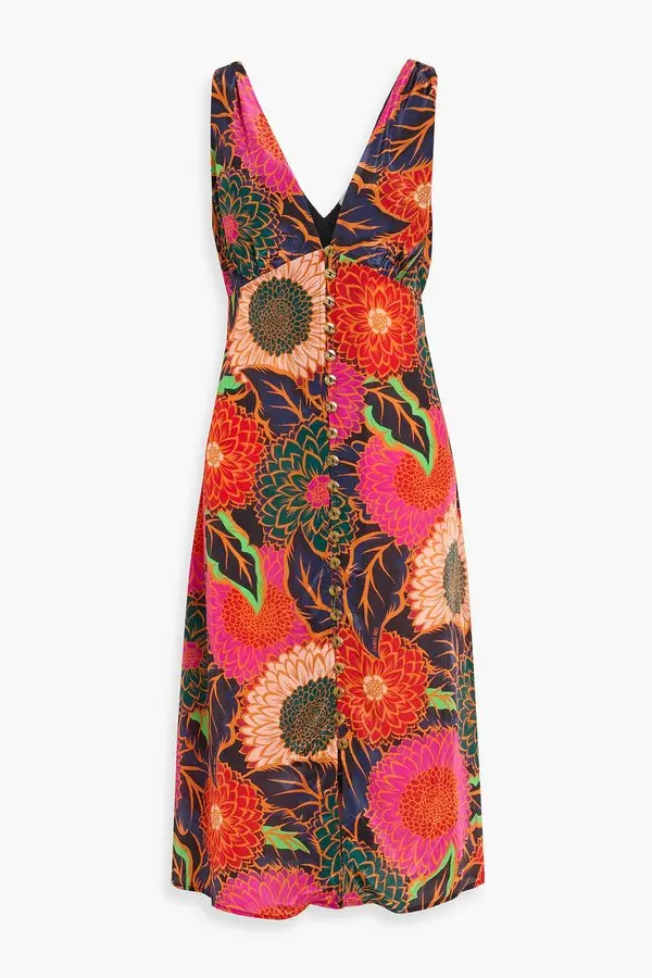 Farm Rio Floral Print Satin Midi Dress