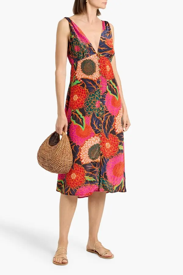 Farm Rio Floral Print Satin Midi Dress