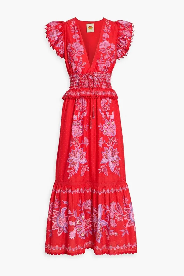 Farm Rio Floral Print Swiss Dot Cotton Voile Maxi Dress - Red