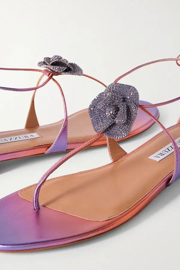 AQUAZZURA Orchid Crystal-embellished Metallic Leather Sandals