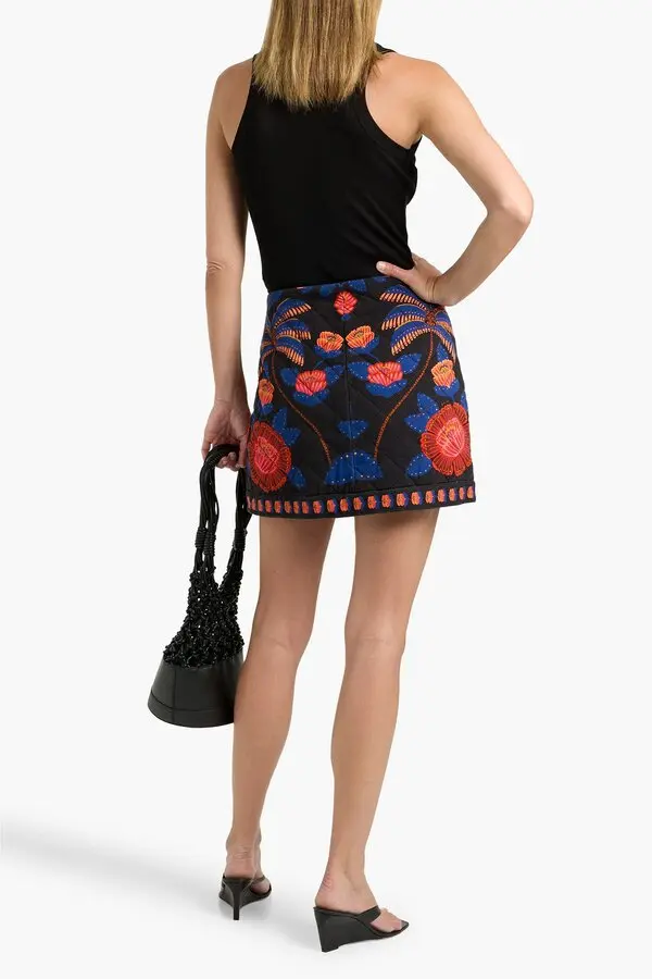 Farm Rio Quilted Denim Wrap Mini Skirt With Tropical Print