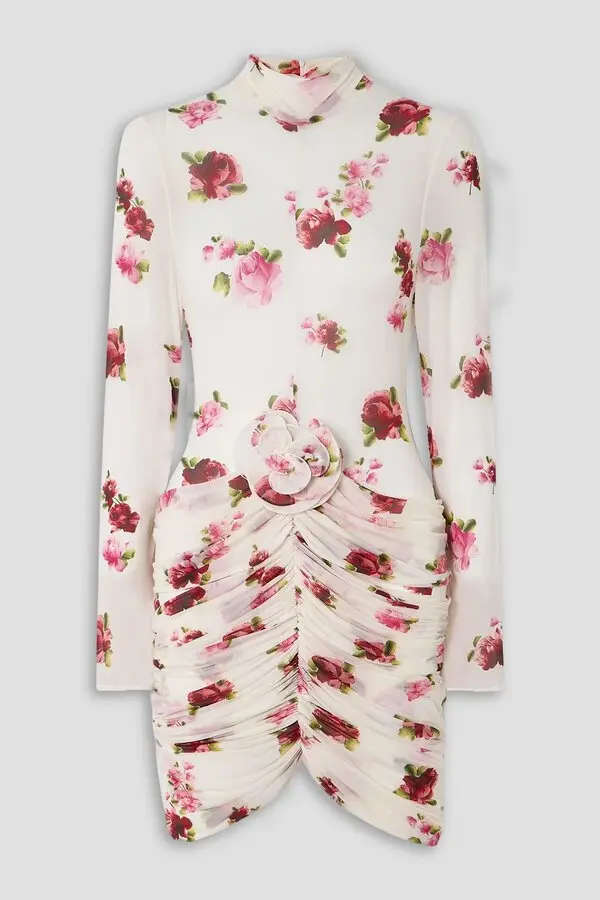 Magda Butrym Floral Print Tulle Mini Dress With Appliqué And Ruching - White