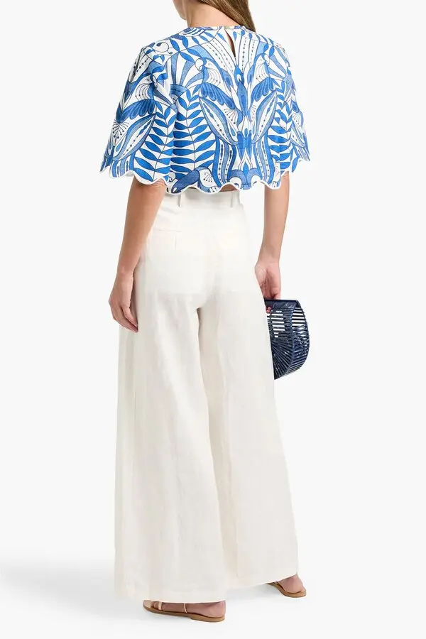 Farm Rio Cropped Printed Linen Top With Scalloped Trims