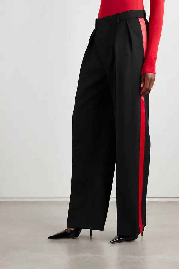 Wardrobe.NYC Pleated Wool Piqué Wide-leg Pants With Silk Trim