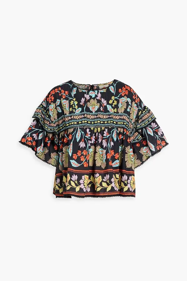 Farm Rio Pintucked Floral-print Cotton-blend Voile Blouse