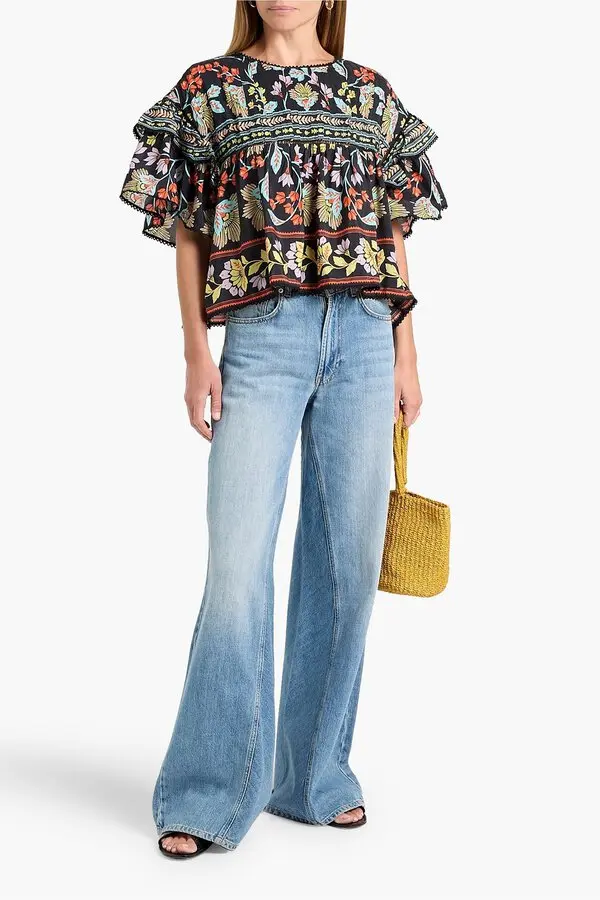 Farm Rio Pintucked Floral-print Cotton-blend Voile Blouse