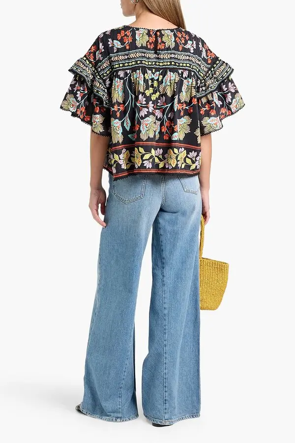 Farm Rio Pintucked Floral-print Cotton-blend Voile Blouse