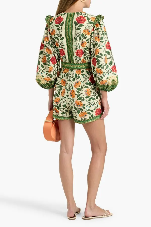 Farm Rio Belted Floral-print Cotton-poplin Playsuit
