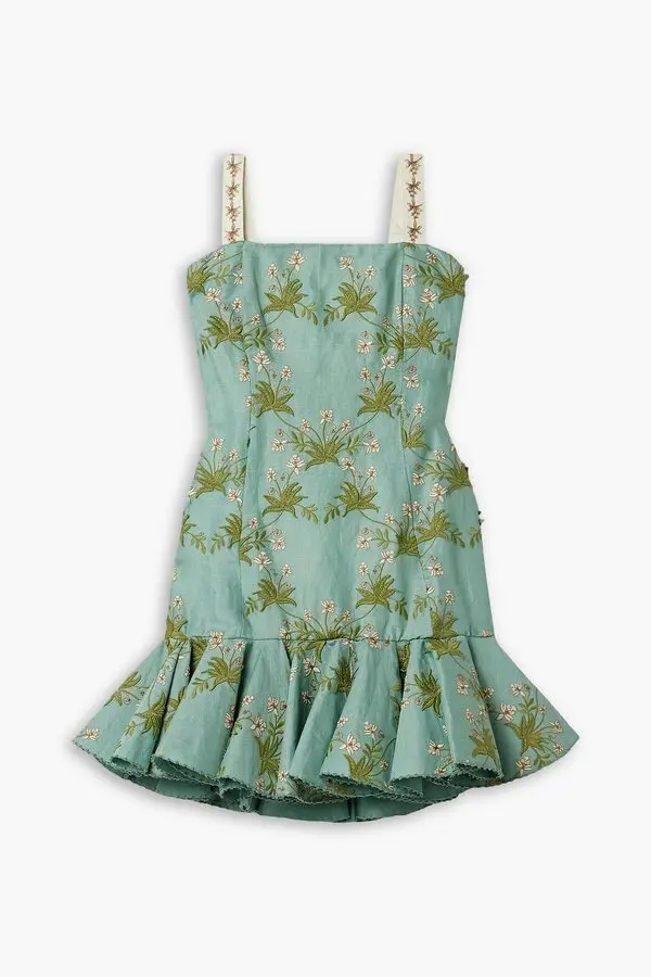 Agua Bendita Tumbao Orquidea" Embroidered Linen Mini Dress - Mint
