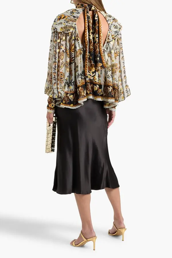 Farm Rio Open-back Floral-print Metallic Fil Coupé Chiffon Blouse