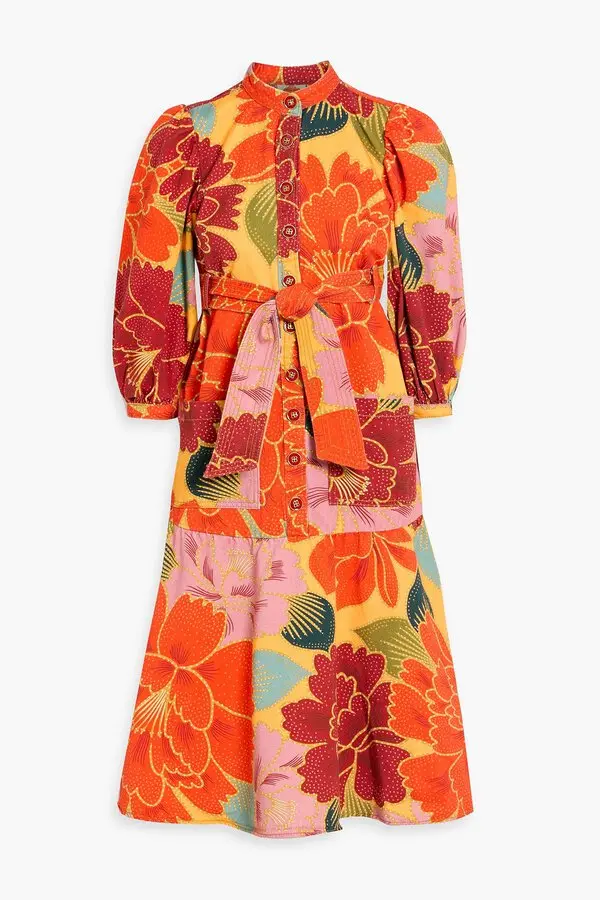 Farm Rio Belted Tiered Floral-print Denim Dress