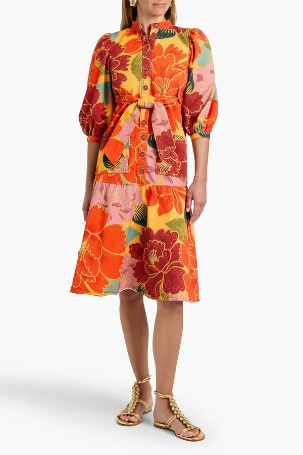 Farm Rio Belted Tiered Floral-print Denim Dress