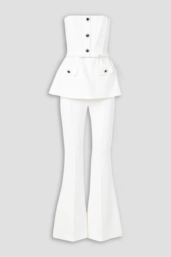 SELF-PORTRAIT Strapless Belted Embellished Stretch-crepe Jumpsuit - White