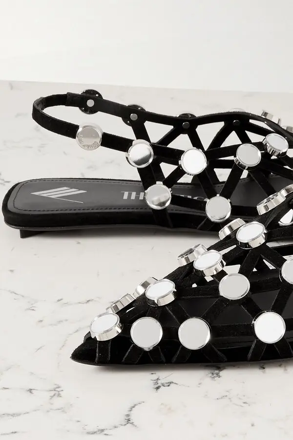 Attico Grid Studded Suede Slingback Point-toe Flats - Black