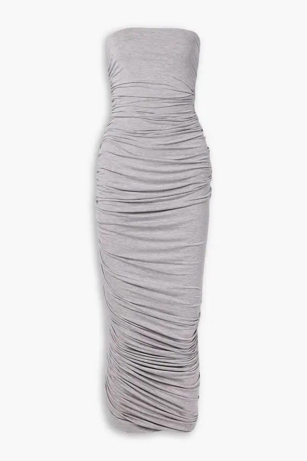 Norma Kamali Diana Strapless Ruched Asymmetric Stretch Jersey Dress - Gray