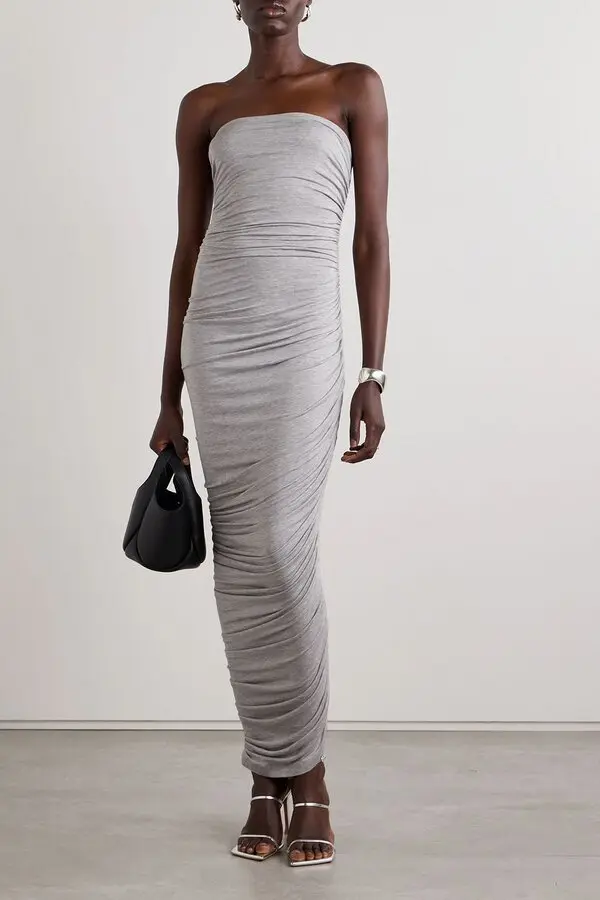 Norma Kamali Diana Strapless Ruched Asymmetric Stretch Jersey Dress - Gray