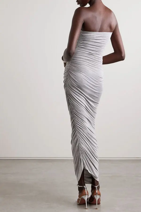 Norma Kamali Diana Strapless Ruched Asymmetric Stretch Jersey Dress - Gray