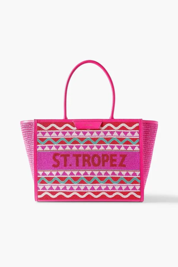 AQUAZZURA St. Tropez" Beaded Raffia And Leather Tote
