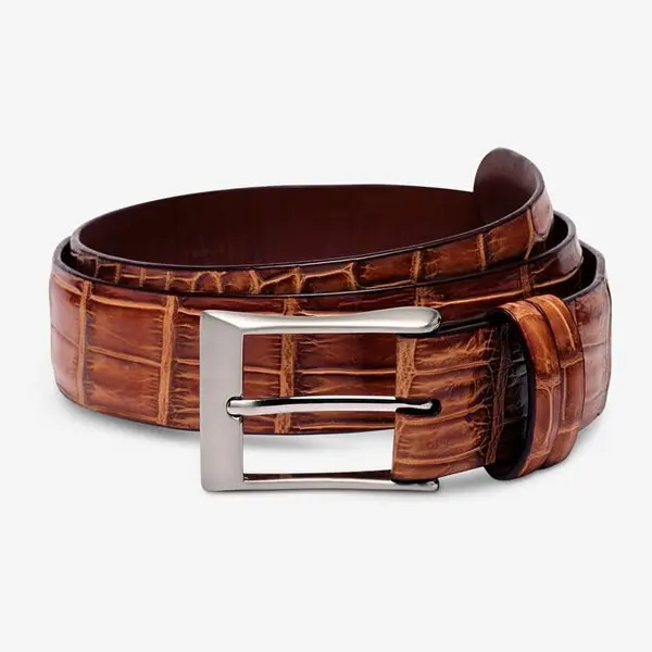 Allen Edmonds Genuine Crocodile Dress Belt With Metal Buckle - Chili Genuine Crocodile