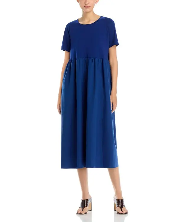 Eileen Fisher Short Sleeve Gathered Midi Dress - Deep Dive