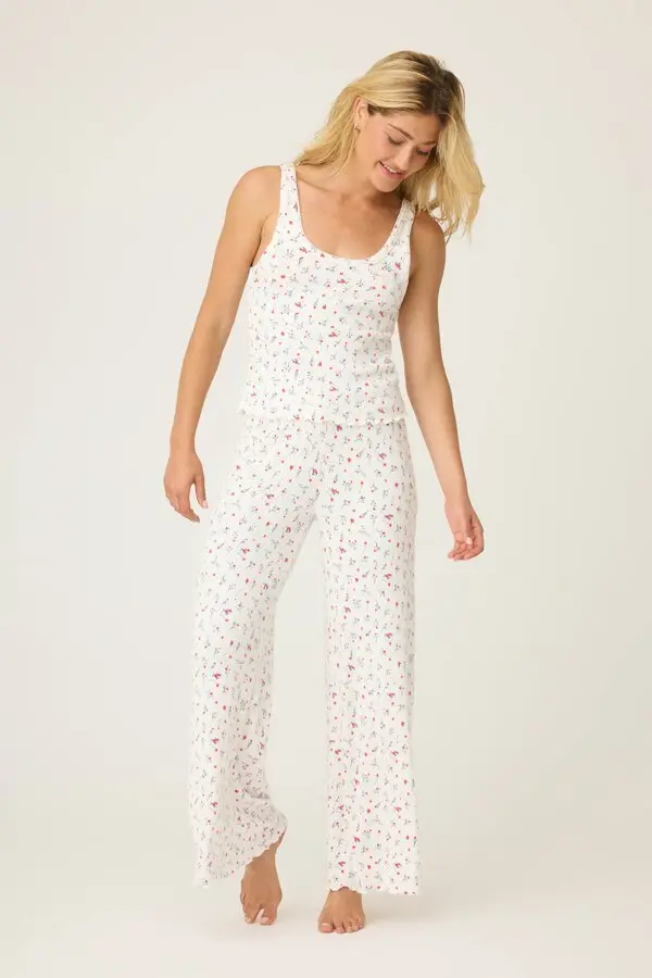 PJ Salvage La Rose Ditsy Floral Print Wide Leg Ribbed Pants