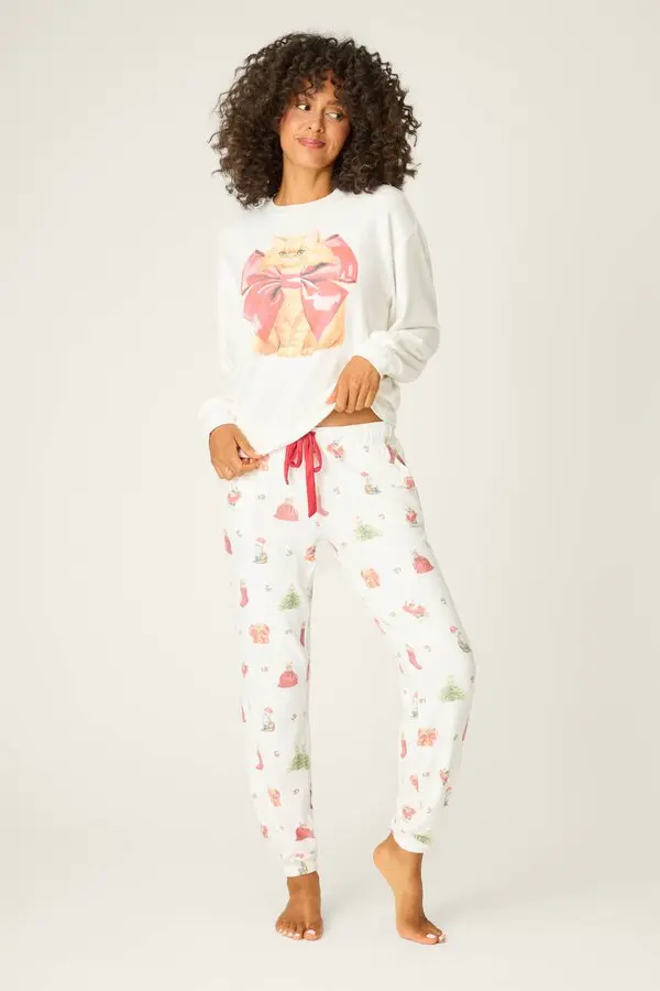 PJ Salvage Festive Feline Print Jogger Pants