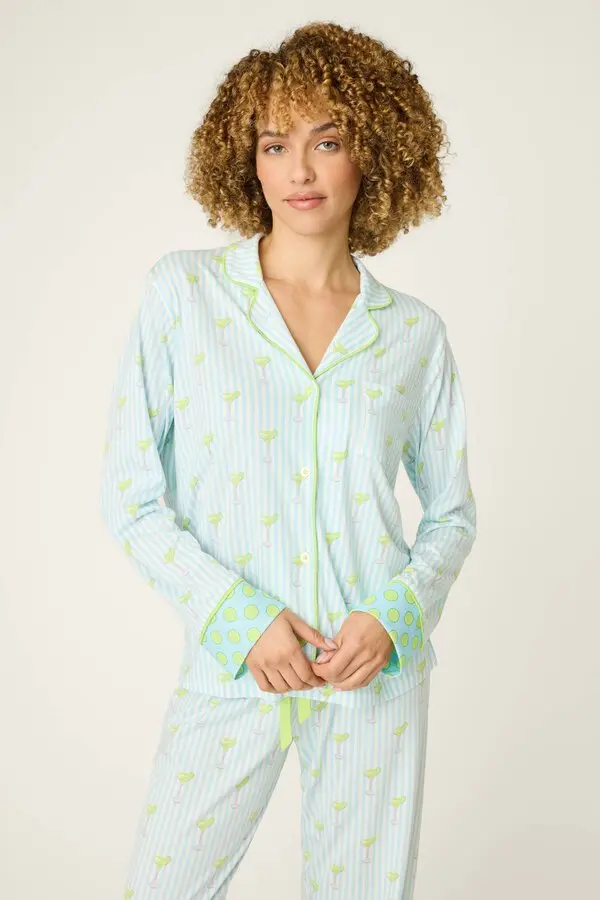 PJ Salvage Cotton-modal Jersey Pajama Shirt With Margarita Print - Light Blue