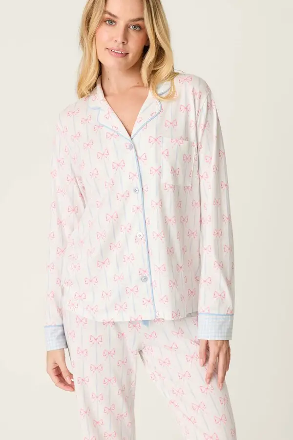 PJ Salvage Cotton Modal Jersey Bow Print Pajama Shirt - Multi