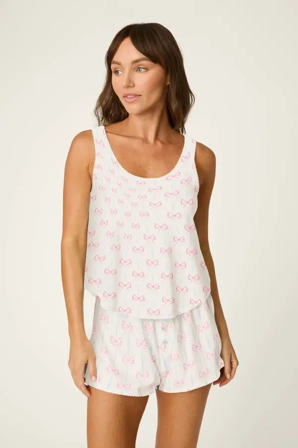 PJ Salvage Cotton Modal Jersey Racerback Tank With Bow Print - Multi