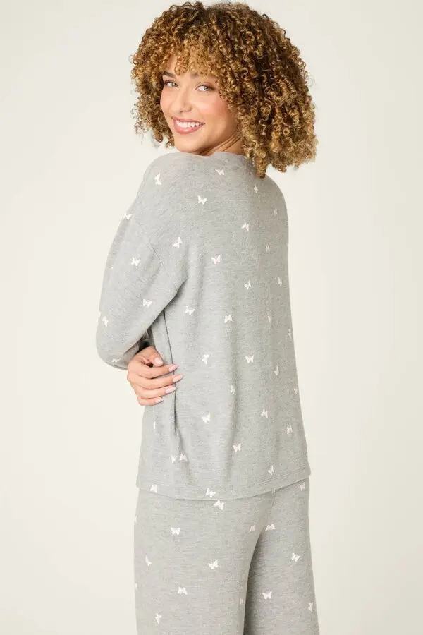 PJ Salvage Heather Grey Butterfly Print Crewneck Top