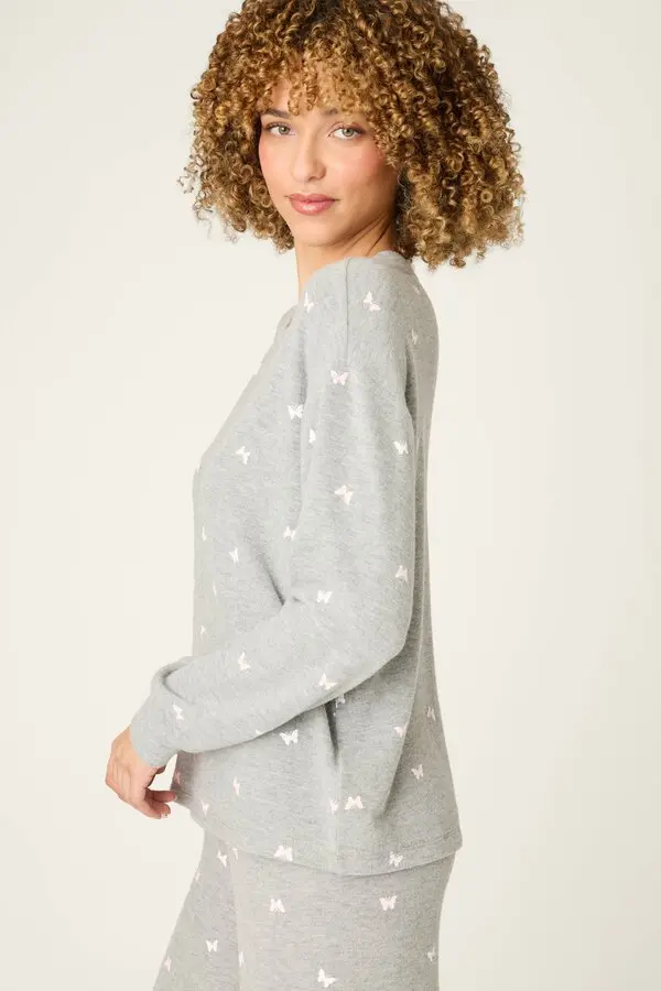 PJ Salvage Heather Grey Butterfly Print Crewneck Top