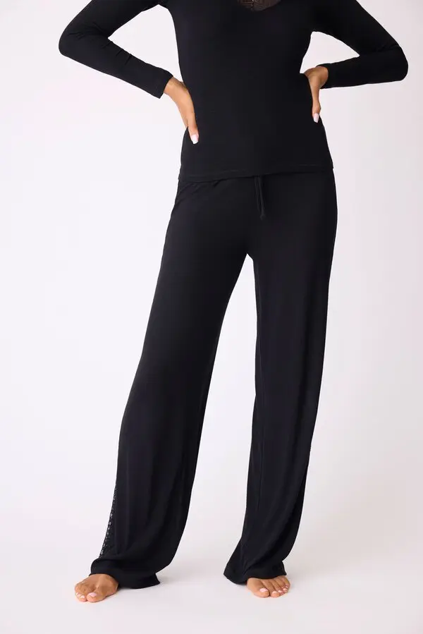 PJ Salvage Lace Inset Micro-rib Knit Lounge Pants - Black
