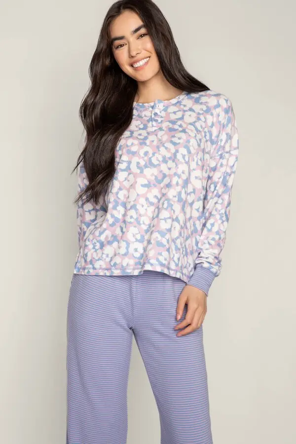 PJ Salvage Pastel Leopard Print Long Sleeve Henley Top