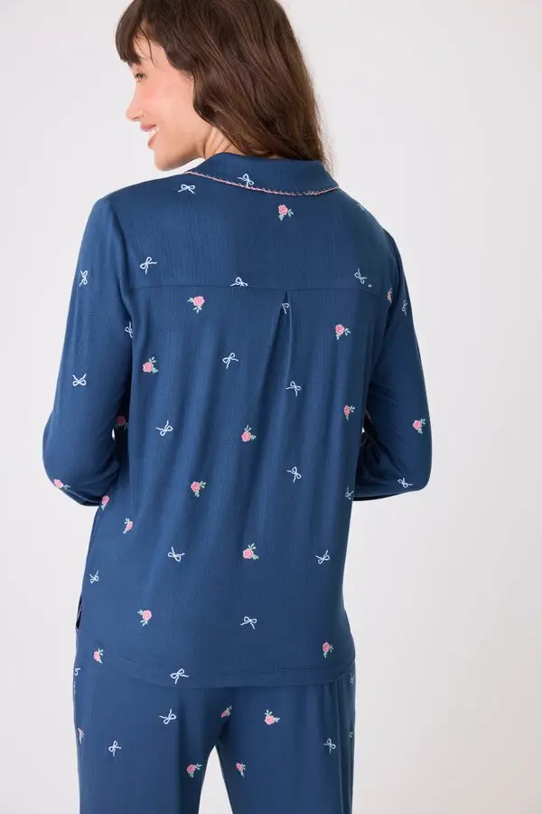 PJ Salvage Embroidered Long Sleeve Notch Collar Top