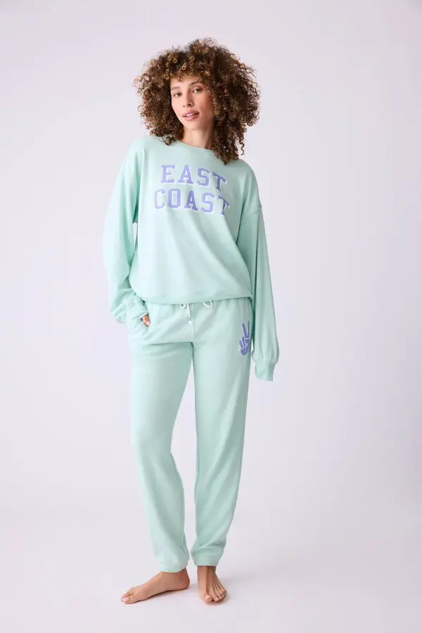 PJ Salvage Home Base East Coast Graphic Fleece Jogger Pajama Set - Mint Leaf